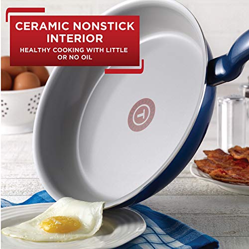 T-fal Initiatives Ceramic Nonstick Cookware Set 14 Piece Pots and Pans Blue