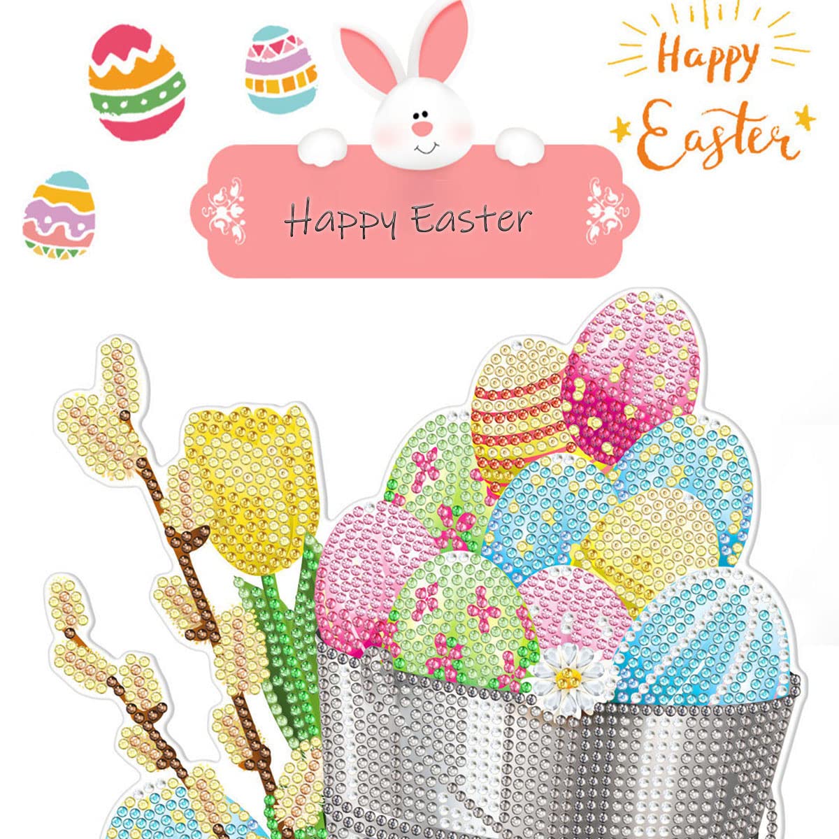 FLYSONG 5D DIY Diamond Art Kits for Kids,24 PCS Diamond Art Stickers Cute Animals Gift for Beginners Children Handmade Digital Gem Paint by Number Kits (Easter Eggs)