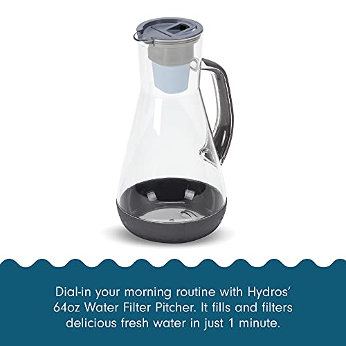 Hydros Water Filter Pitcher - 64 oz Water Pitcher - Powered by Fast Flo Tech - Dishwasher Safe - 60 Second Quick Fill-Up - BPA Free Water Filter - 8 Cup Capacity - Grey