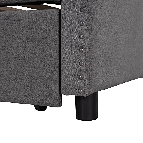 HSBD Full Size Daybed with Trundle, Modern Upholstered Day Bed Linen Fabric Sofa Daybed Frame with A Roll-Out Trundle, No Box Spring Needed, Furniture for Bedroom Living Room Guest Room