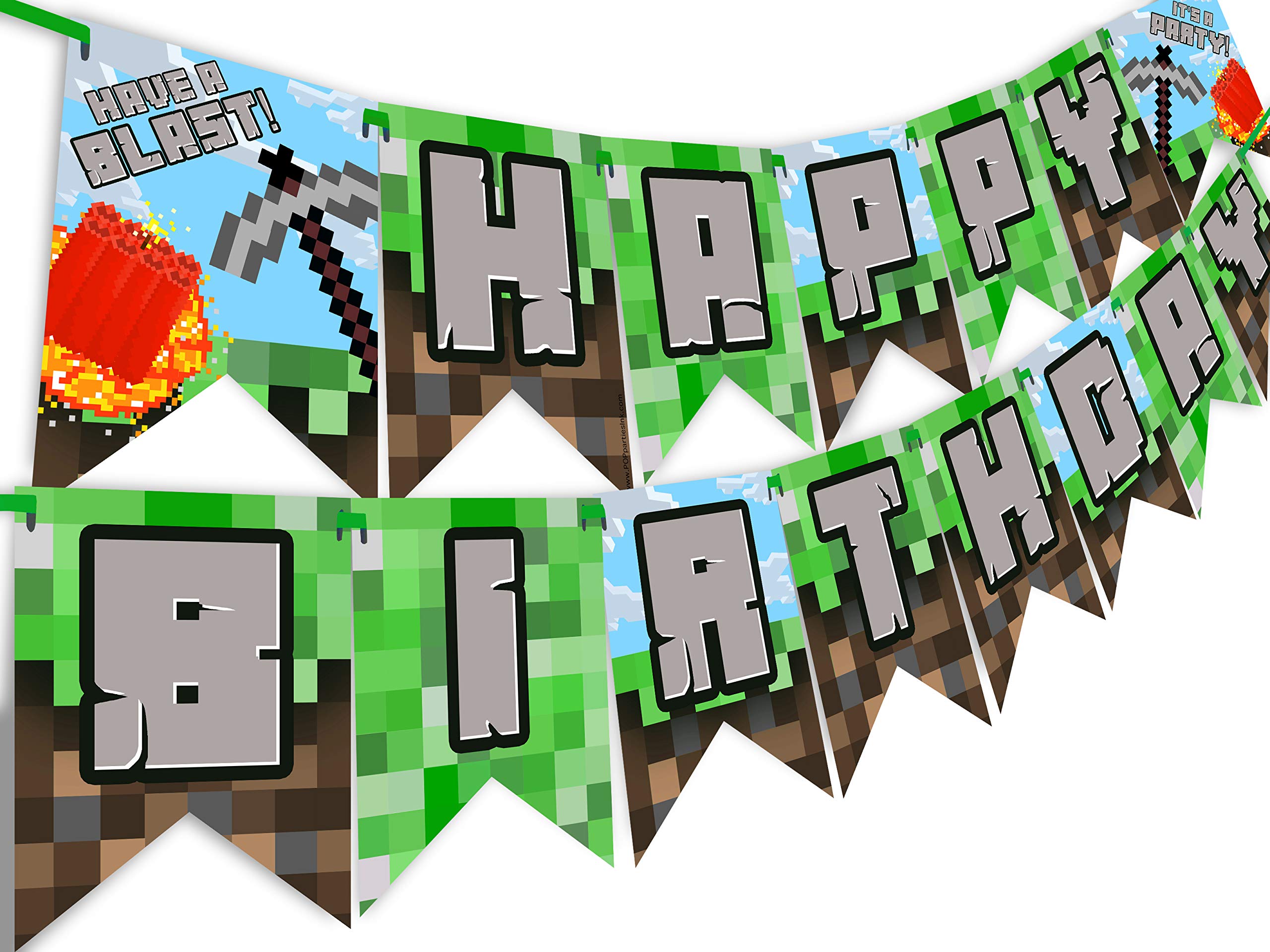 Gaming Pixel Blast Happy Birthday Banner - Pixel Party Supplies - Miner Party Decorations - Blast