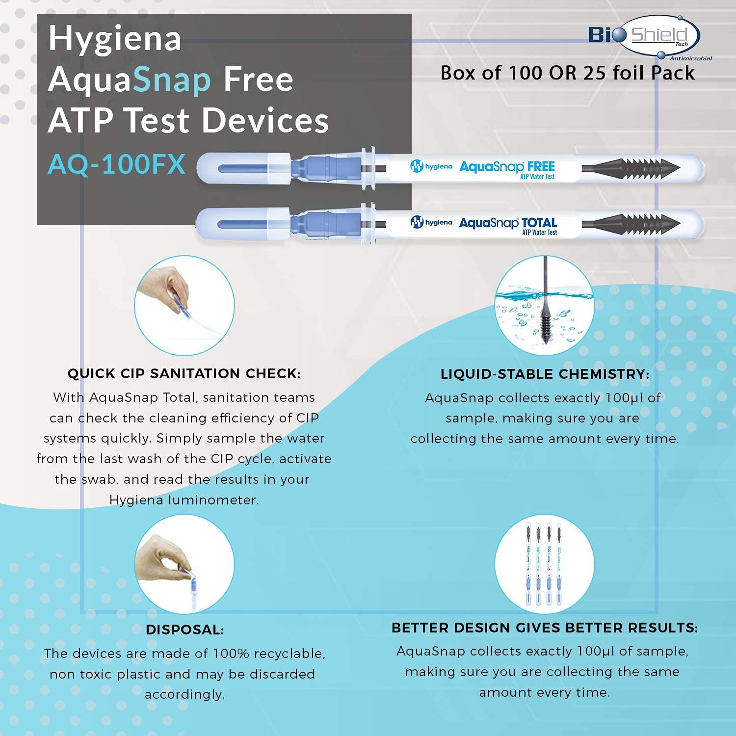 Hygiena Bio Shield Tech Aquasnap Free ATP Test Devices - AQ-100FX, Water ATP Testing Kits for Free ATP, Water Cooling Towers, Used Luminometers (100 Per Box)