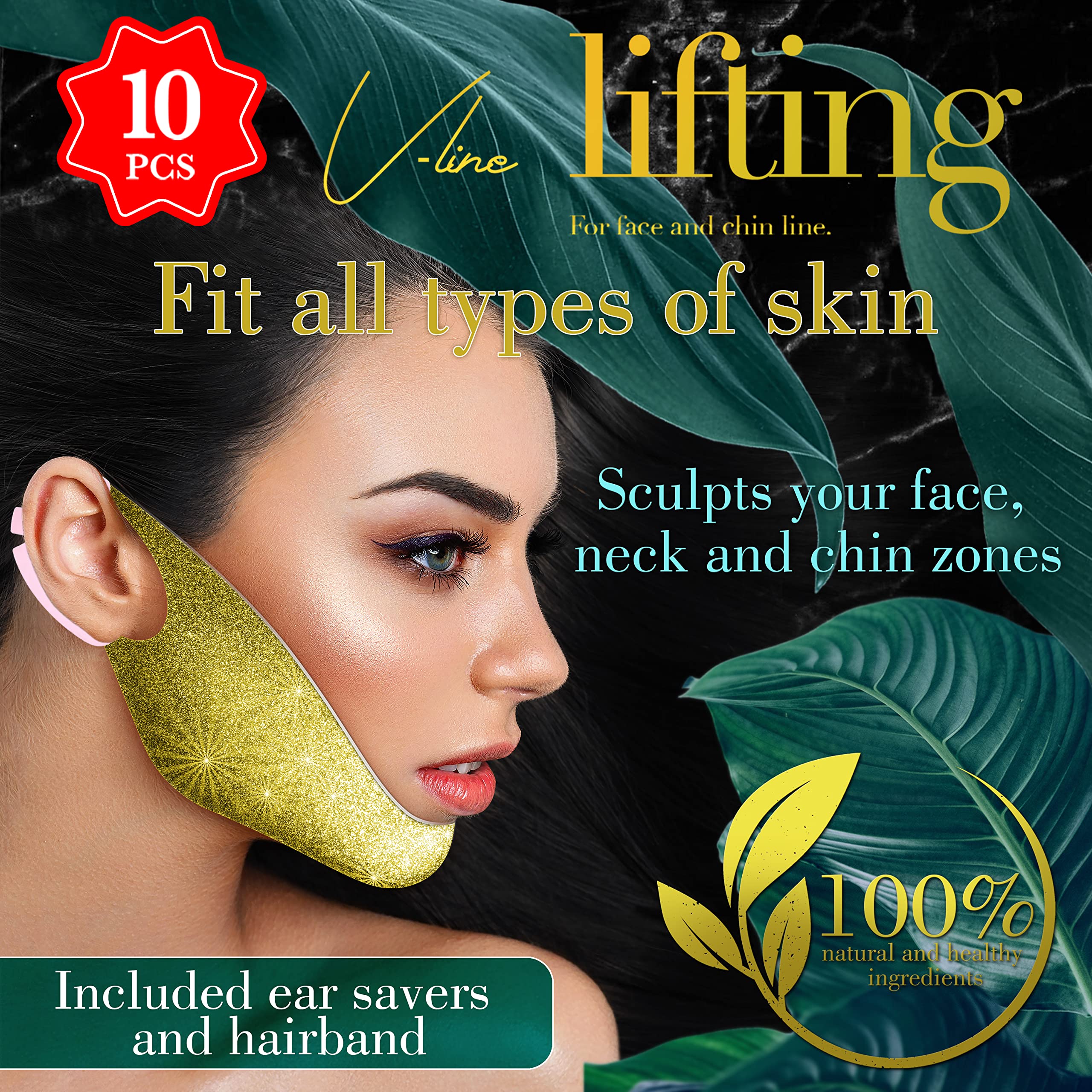 H-Art Cosmetics Double Chin Reducer | 24K Gold Hydrogel Collagen Patches | Face Lift Tape | Chin Strap | Lifting V Line Mask | Slimming Face Strap - 10 Masks