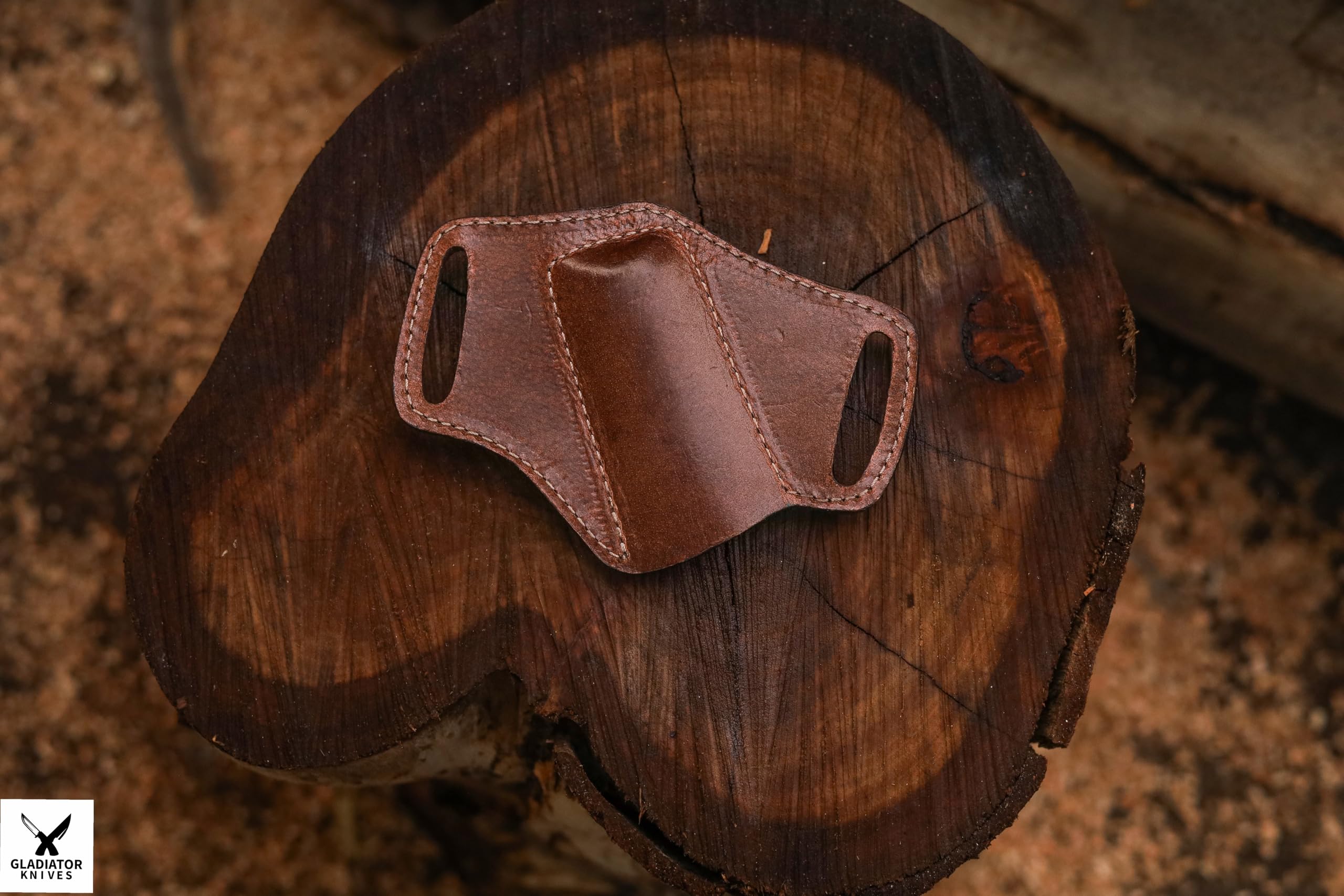 Handmade Leather Sheath for Pocket Knives, Slanted Pancake/Tooled/Belt/Trapper Style, TAN, 100% Real Leather (Brown)