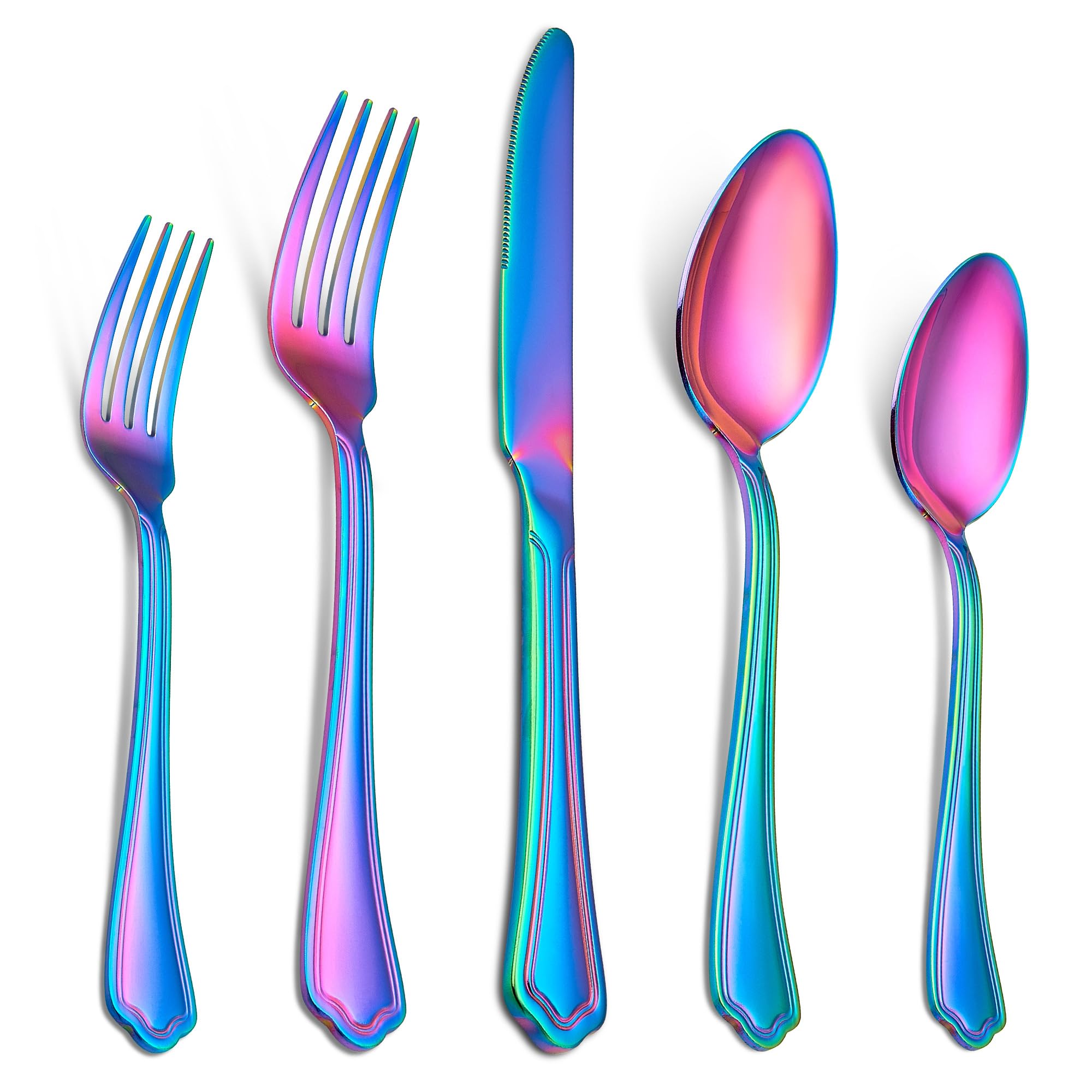 E-far Rainbow Silverware Set, 20 Piece Stainless Steel Flatware Set Service for 4, Colorful Knives Forks Spoons Utensils Set with Square Edge, Mirror Polished