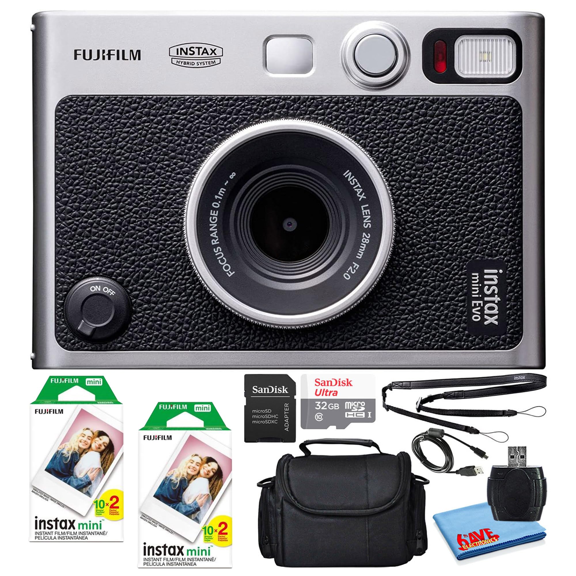 Fujifilm Instax Mini EVO Hybrid Instant Film Camera (Black) (16745183) Bundle with 40 Instant Film Sheets + 32GB Memory Card + Small Padded Case + SD Card Reader + Microfiber Cleaning Cloth