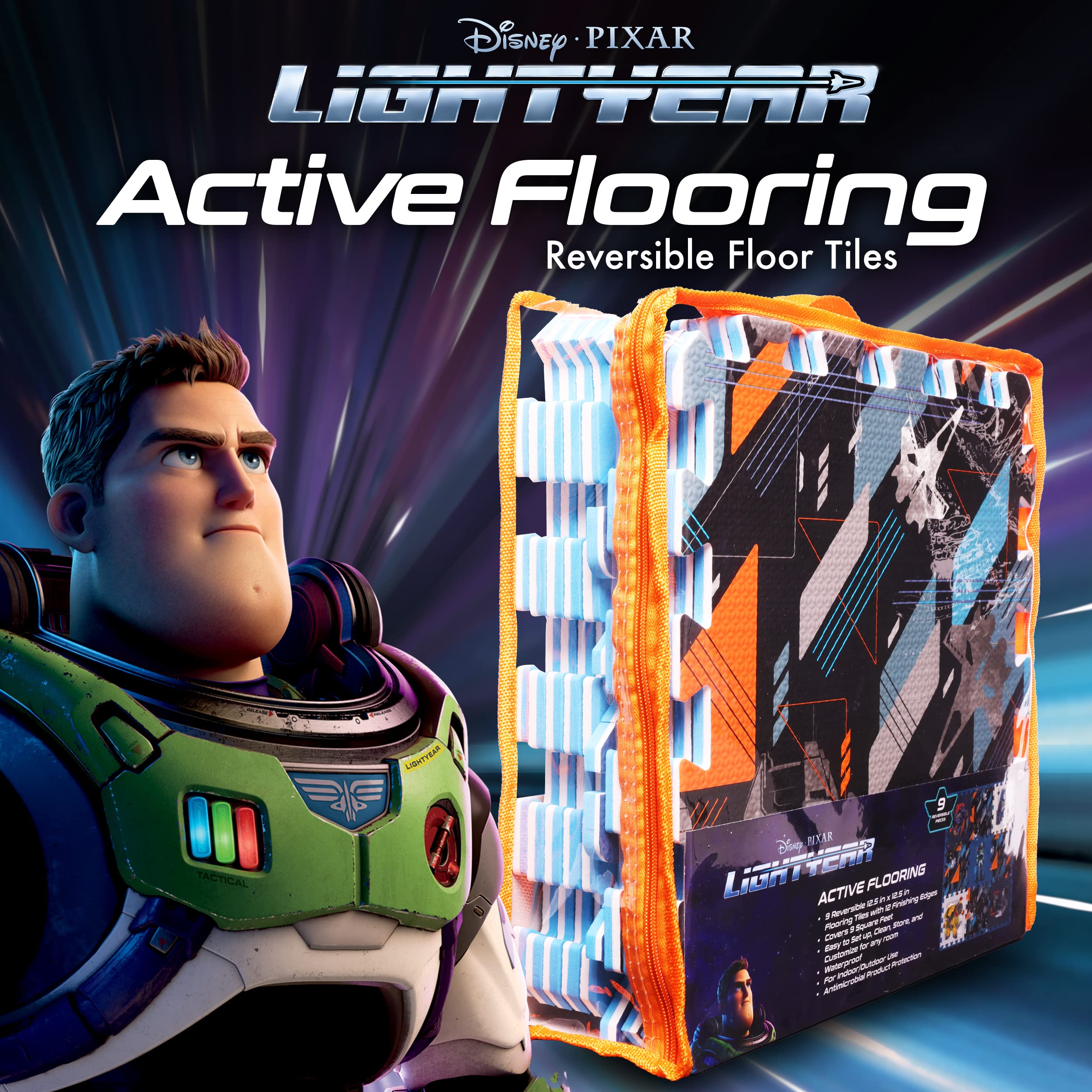 Disney Pixar Lightyear Kids Foam Mat, Interlocking Puzzle Non Slip and Non Toxic Exercise Play Mat Flooring Tiles, Blue, 36 x 36 Inches, 9 Tiles