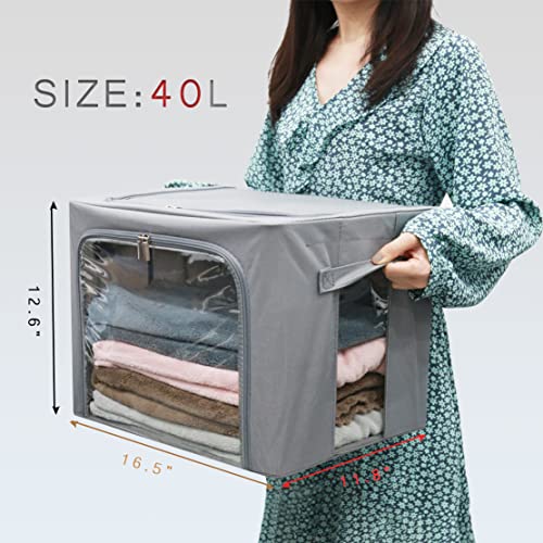 Stackable Clothes Storage Box for Clothing Gadgets,Steel Frame Storage Bins for Bedding Blankets Toys Gift,Foldable Oxford Fabric Closet Organizer Bag Set with Carry Handles and Clear Window (Medium- 40L x3 Pack, Grey)