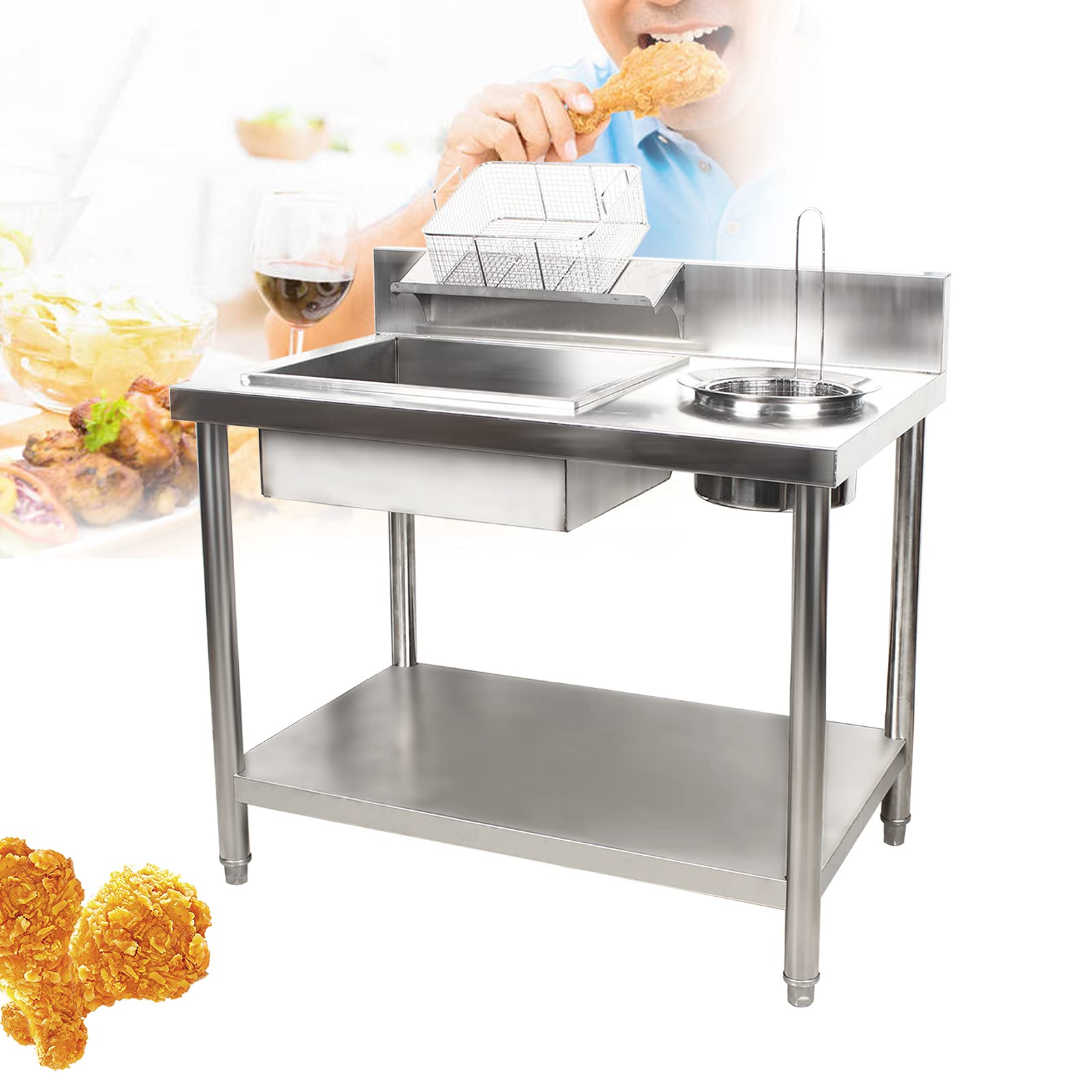 Knwigoe Breading Table Chicken Chop Breading Station Commercial Fried Food Prep Table Stainless Steel Heavy Duty Breader for Milk Tea Coffee Snack Bars (With 2 Basin &2 Basket)