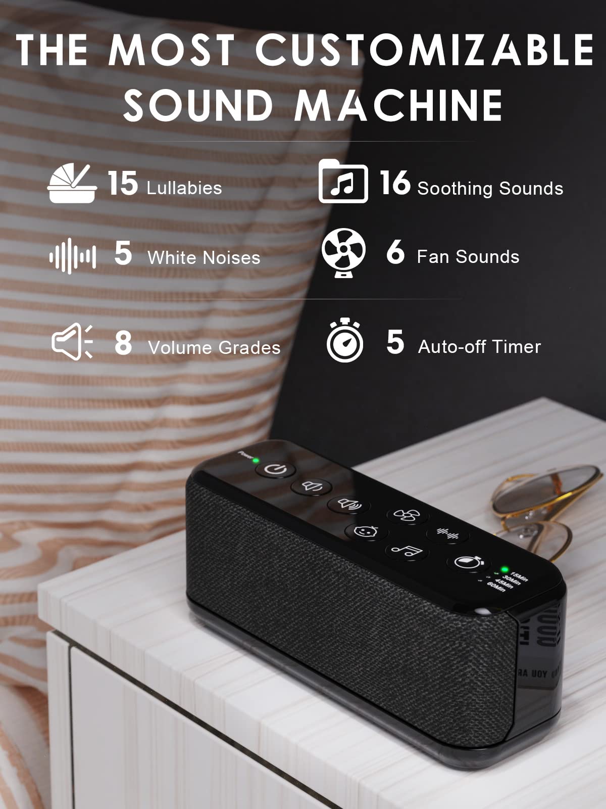 Portable White Noise Machine for Adults Kids with 42 Soothing Sounds, Rechargeable Travel Sound Machine, Rain & Ocean Sounds, Auto-Off Timer & 8-Level Volume Control