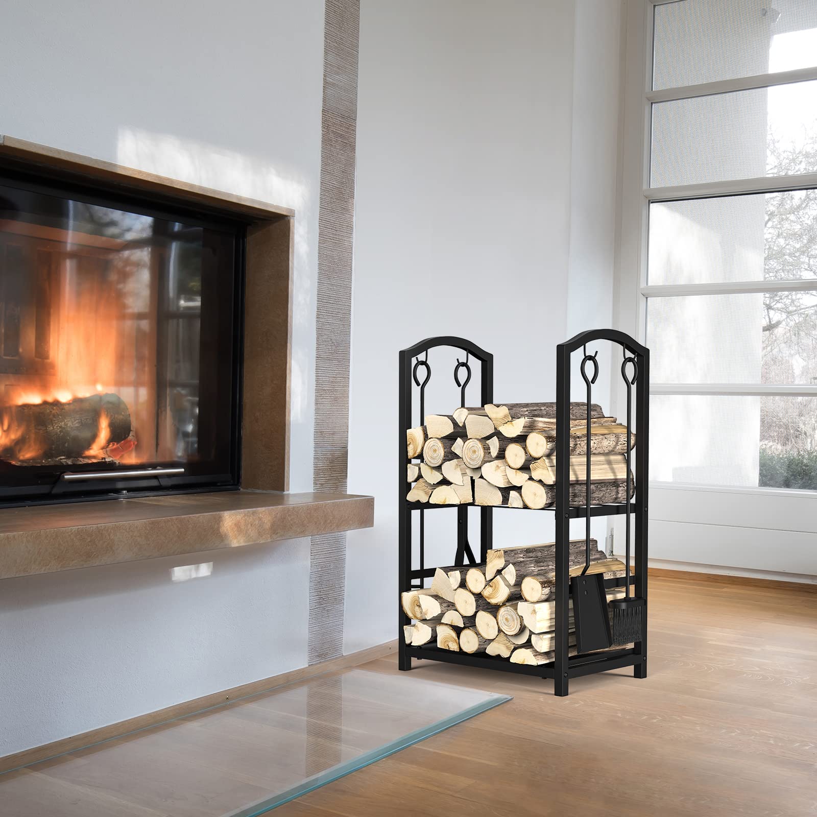 GASPRO Firewood Rack Indoor, 5 Pcs Wrought Iron Fireplace Tools and Log Holder for Fireplace, Wood Stove, Hearth, Fire Pit, Sturdy and Easy to Assemble