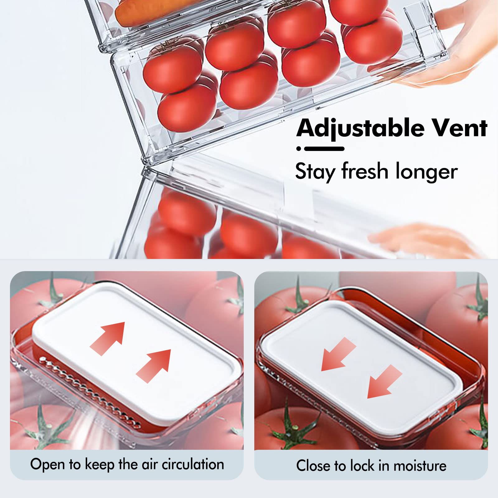 elabo Stackable Refrigerator Organizer Drawers with Removable Drain Tray, Fridge Organizer Bins, Pull Out Food Storage Container Bins with Drawer for Freezer and Kitchen, BPA-Free, Clear, 3 Pack