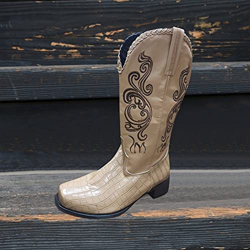 FASDNENDYS Boots for Women with Heel Booties Shoes Heels Women Retro Slip On Round Booties for Women Comfortable Beige