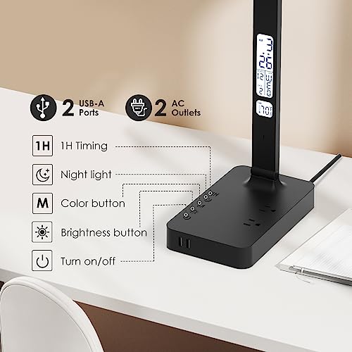 LED Foldable Desk Lamp with 2 USB Charging Port & 2 AC Power Outlets, 5 Color& 5 Brightness.Touch Control Dimmable Office/Home Timer Table Lamps with Clock, Alarm, Date, Temperature, Night light.
