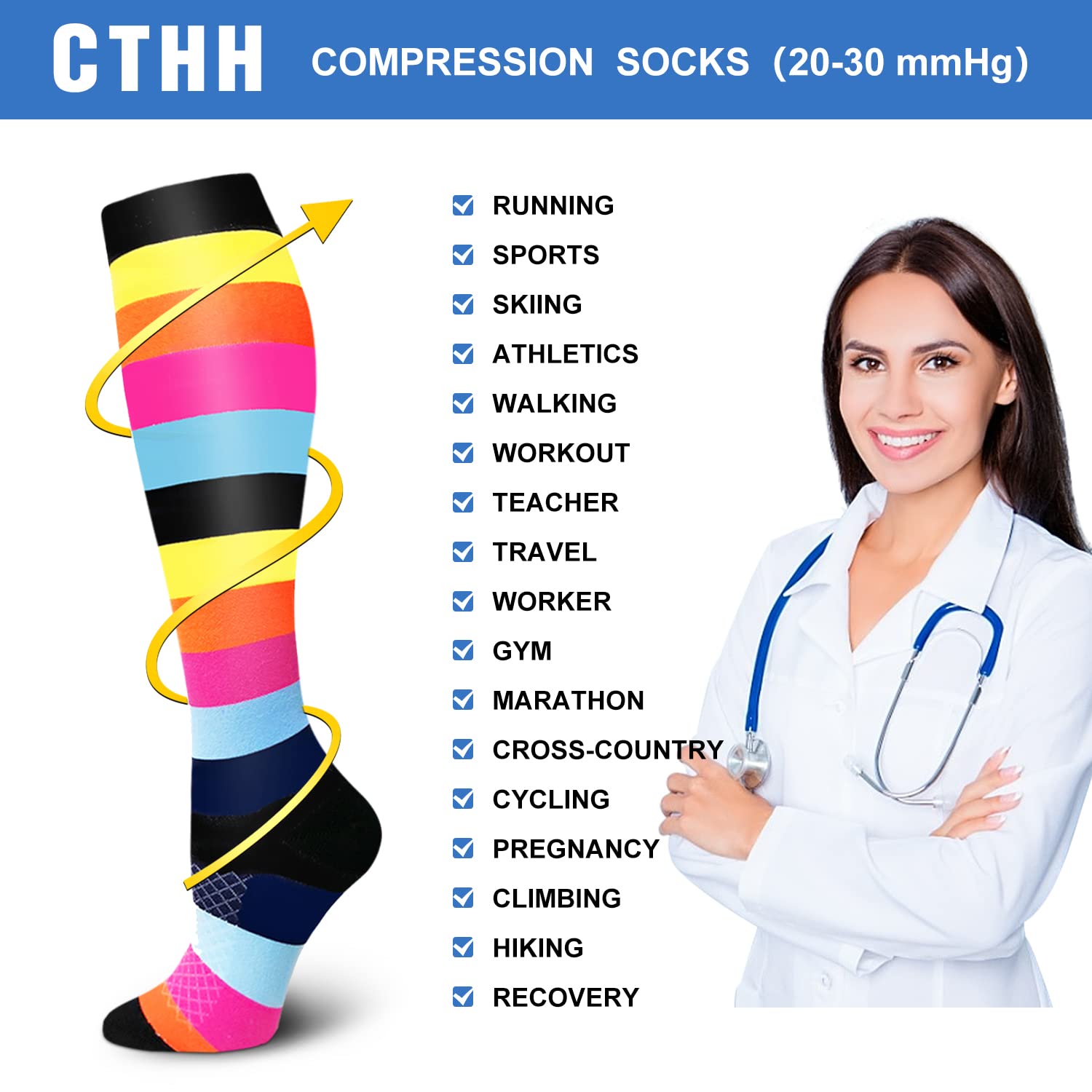 CTHH 5 Pairs Compression Socks for Women & Men Circulation Support Knee High Socks (01 Green/White/Blue/Sheep, Small-Medium)