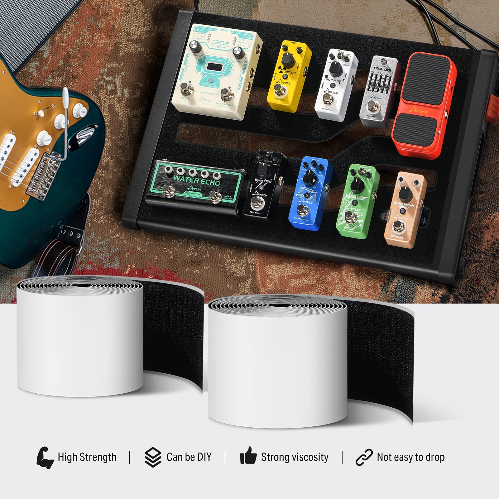 Donner Pedalboard Pedal Tape,Guitar Pedal Board Mounting Tape Length 2M Width 5CM Hook + Loop