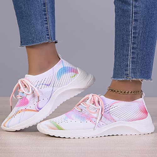FASDNENDYS Ladies Fashion Color Mesh Breathable Round Toe Lace Up Low Top Flat Er Shoes Pink