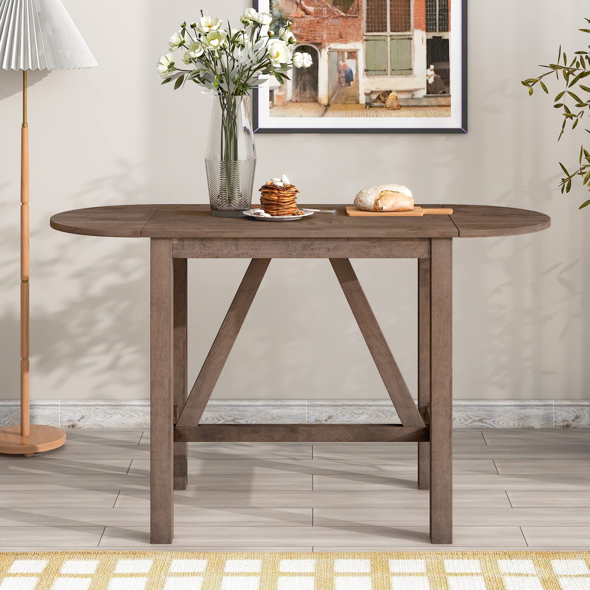 Hlcodca 3 Piece Wood Counter Height Dining Table Set, Farmhouse Drop Leaf Kitchen Table Set with 2 Upholstered Dining Chairs, Back with Handle for Small Place (Brown/Half-Round)