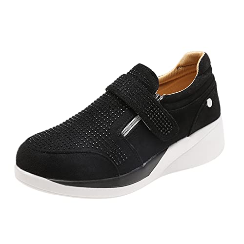 FASDNENDYS Ladies Fashion Solid Color Rhinestone Hook Loop Wedge Casual Swim Shoes for Swimming Women Black