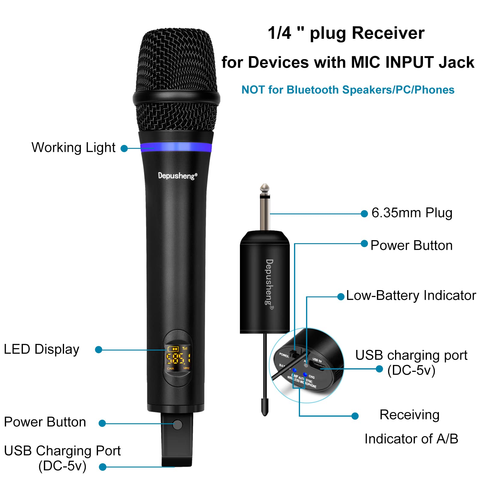 Depusheng Wireless Microphone, UHF Metal Dynamic Handheld Karaoke Mic with Rechargeable Receiver, 1/4”&1/8” Output, for Karaoke Singing, Wedding, DJ, Party, Speech, Church, Class Use W7, Black