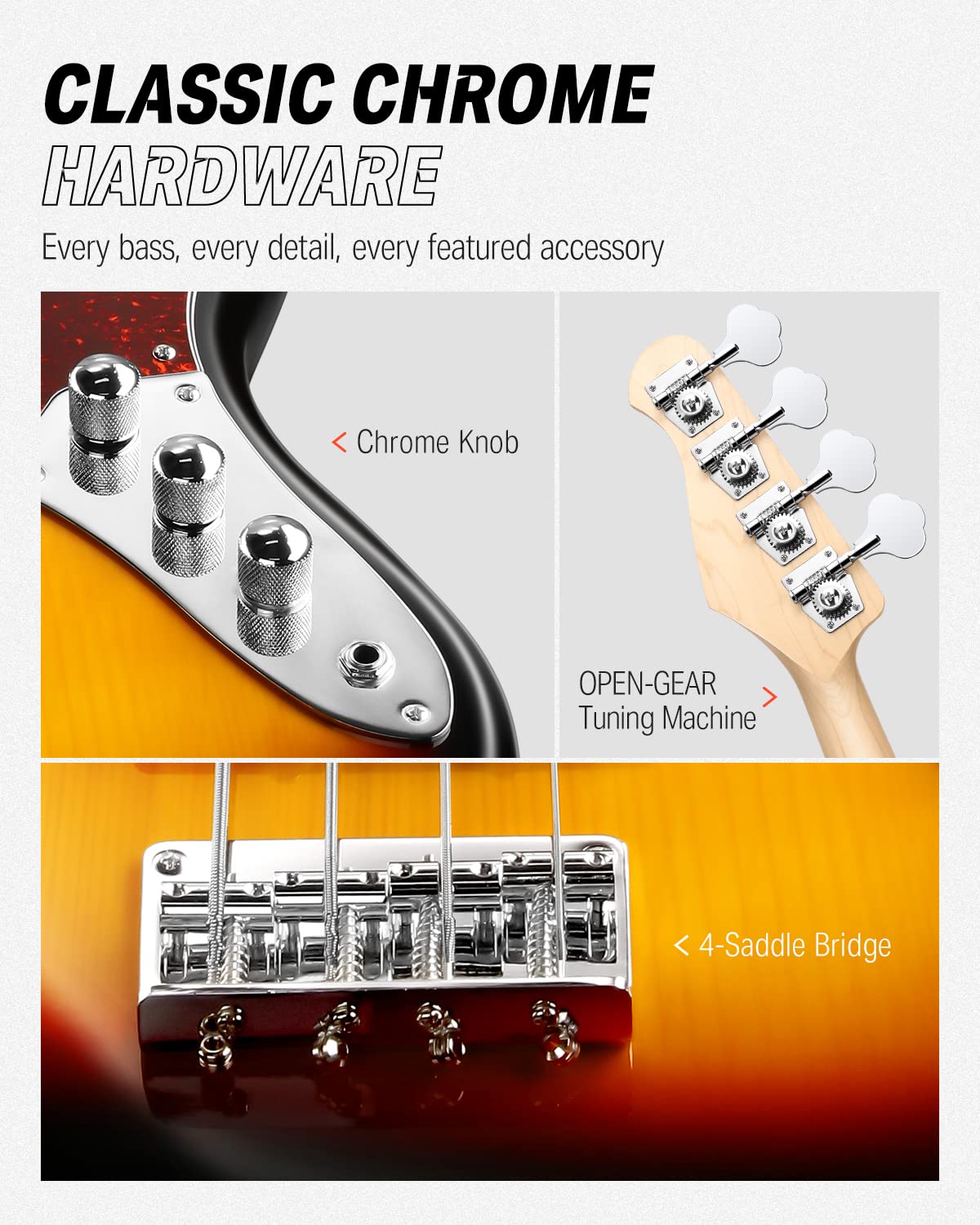 Donner Full-Size Electric Bass Guitar JB-Style with Bass Amp 25W Bass Guitar Amplifier DBA-2