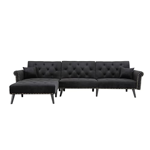 KoiHome Sectional Sofa Right Hand Facing Velvet Button Tufted, L Shape Chaise with Nail Head Detail, Conical Wood Leg, 2 Pillows, Modern & Elegant, Home Furniture for Living Room,Office, Black