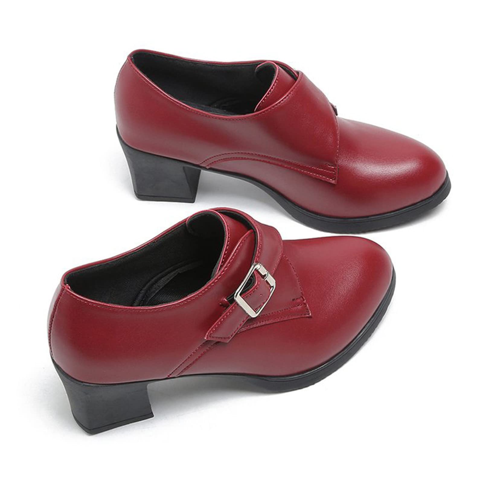 FASDNENDYS Ladies Fashion Solid Color Leather Belt Buckle Chunky High Heel Pumps Casual Shoes 2 Inch High Heels Wine