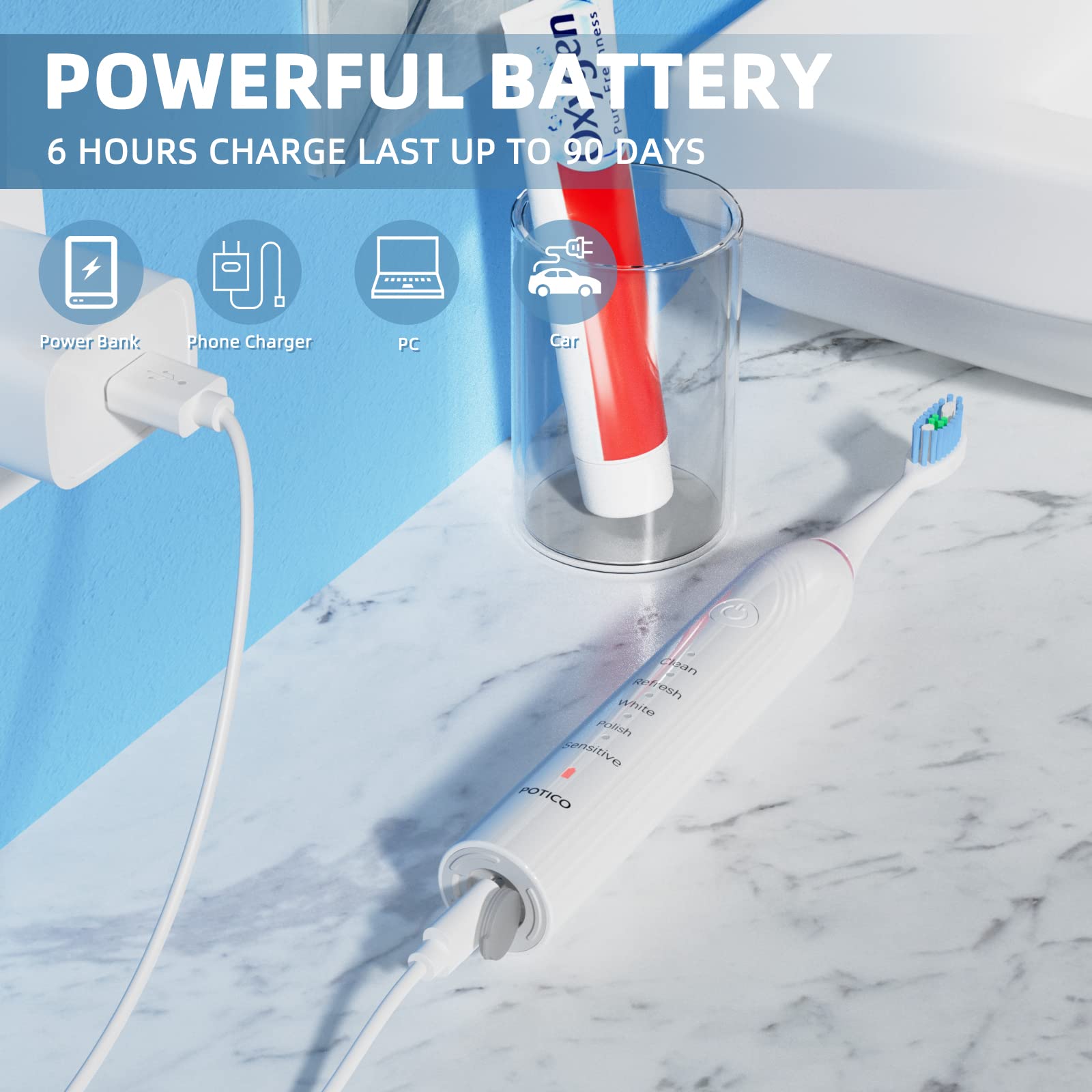 POTICO Sonic Electric Toothbrush for Adult with 8 Duponts Brush Heads, 5Modes, 2 Min Smart Timer, IPX7 Waterproof, Rechargeable Toothbrushes, Charge Lasts for 90 Days use