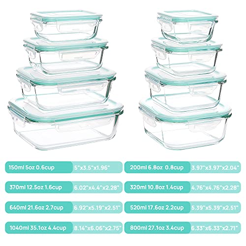 Vtopmart 8 Pack Glass Food Storage Containers with Lids, Glass Meal Prep Containers, Airtight Glass Bento Boxes with Leak Proof Locking Lids, for Microwave, Oven, Freezer and Dishwasher, BPA Free