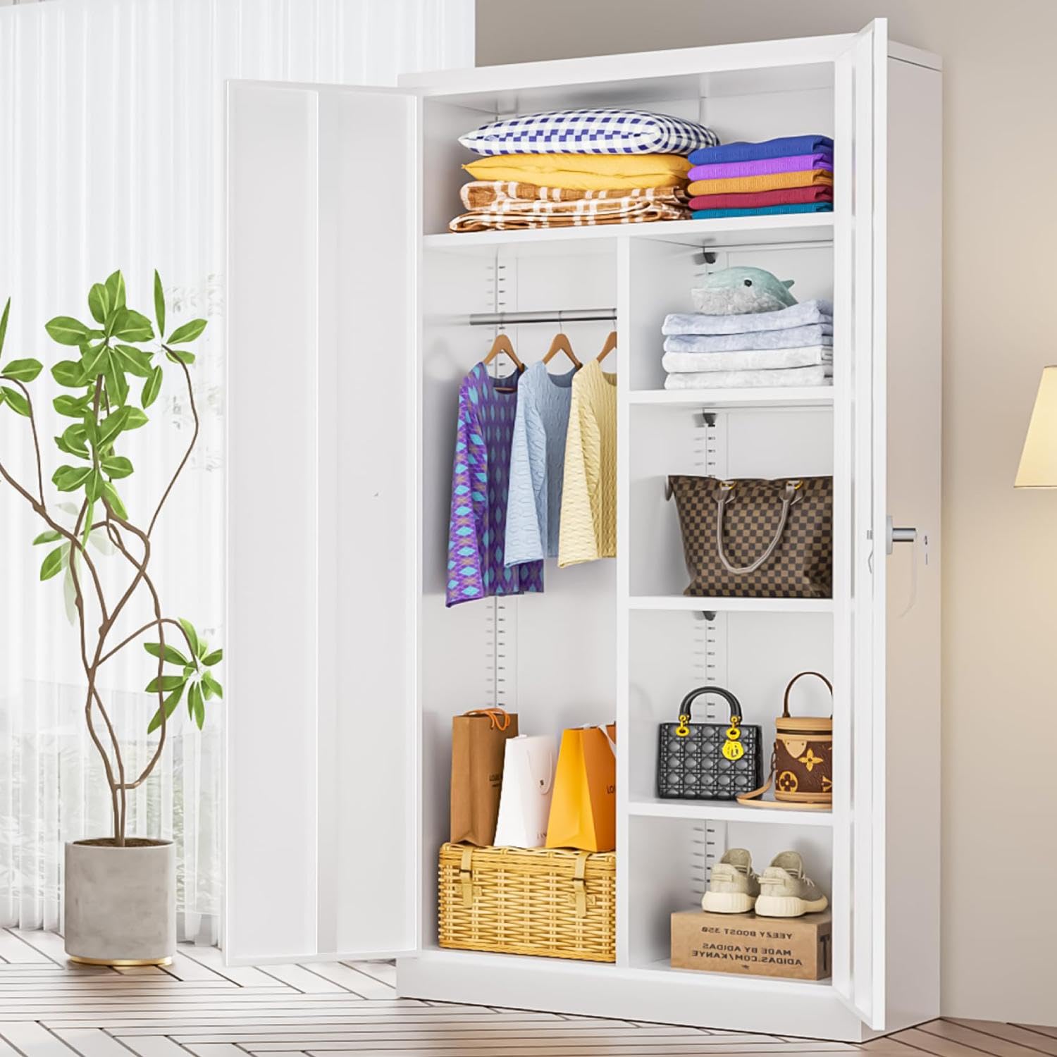 INTERGREAT 72”Tall Metal Wardrobe Cabinets with Lock,Clothing Storage Cabinets with Hanging Rod and 4 Adjustable Shelves,Closet for Home Living/Laundry Room/Department (White)