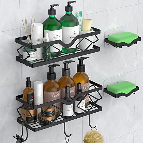 Kadolina 2-Pack Adhesive Shower Caddy with 2 Soap Dishes Holder, Bathroom Shower Storage Shower Shelves Basket, No Drilling Shower Organizer for Inside Shower, Rustproof Stainless Steel (Black)