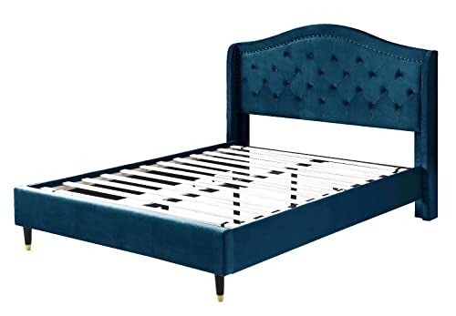 Morden Fort Blue Velvet Bed Frame Wood Platform, Upholstered Platform Bed with 51β Headboard, Heavy Duty Bed Frame with Wood Slat Support, No Box Spring Required, Easy Assembly, California King