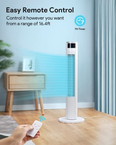 Tower Fan, Oscillating Tower Fan with Remote, 3 Modes, 3 Speeds, and 7-Hour Timer, Portable Space-Saving Bladeless Fan for Bedroom and Home Office 36”