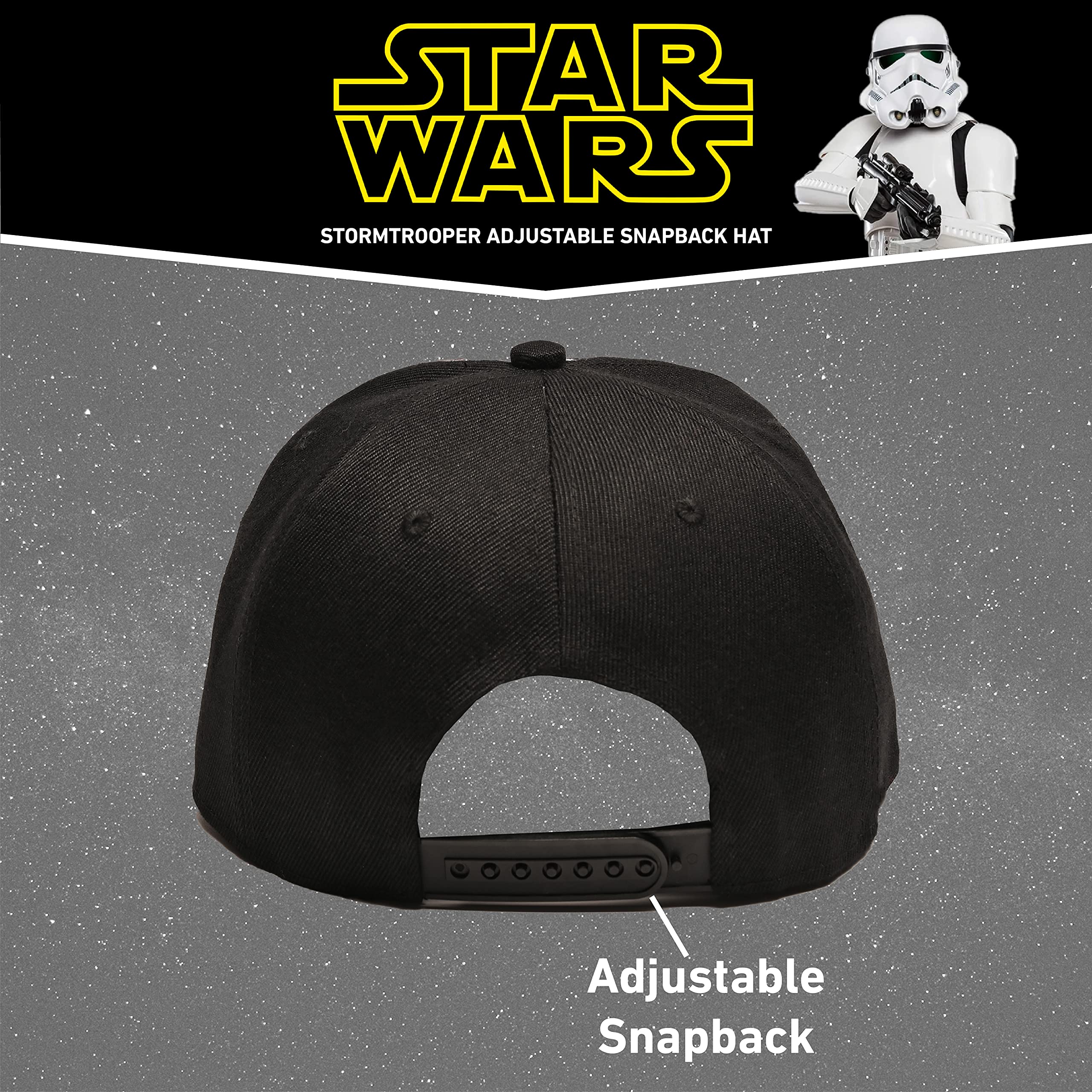 Disney mens Star Wars Embroidered Logo and Stormtrooper All Over Adjustable Snapback Baseball Hat with Flat Brim Black White One Size, Black, One Size US