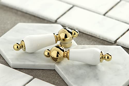 Kingston Brass KS1242PL Heritage Wall Mount 8-Inch Center Kitchen Faucet, Porcelain Lever Handle, 8-1/2-Inch, Polished Brass