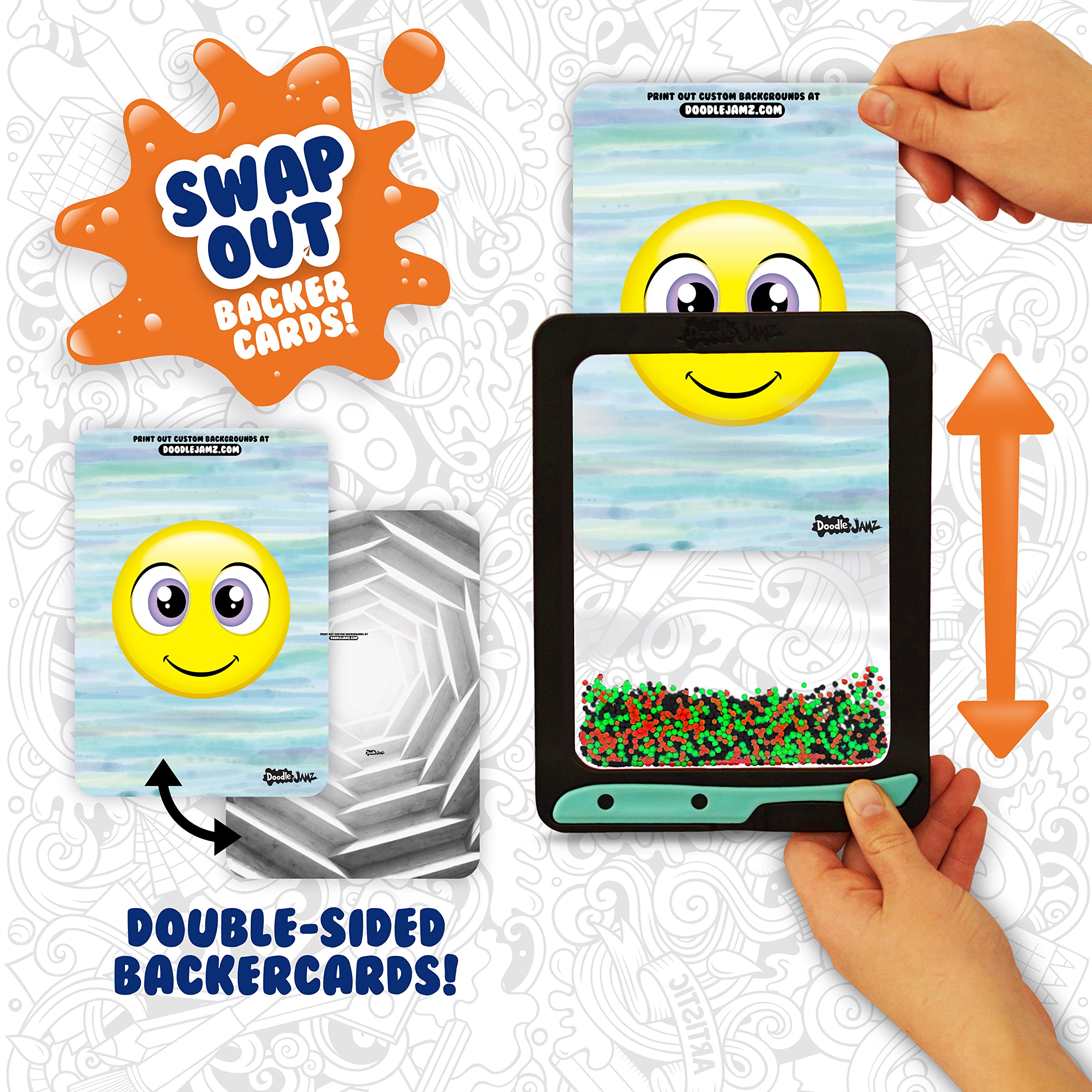 DoodleJamz JellyPics - Sensory Drawing Pads Filled with Non-Toxic Squishy Beads and Gel β Includes Stylus, Removable 2-Sided Emoji Backer Card (Green, Red, Black Beads)