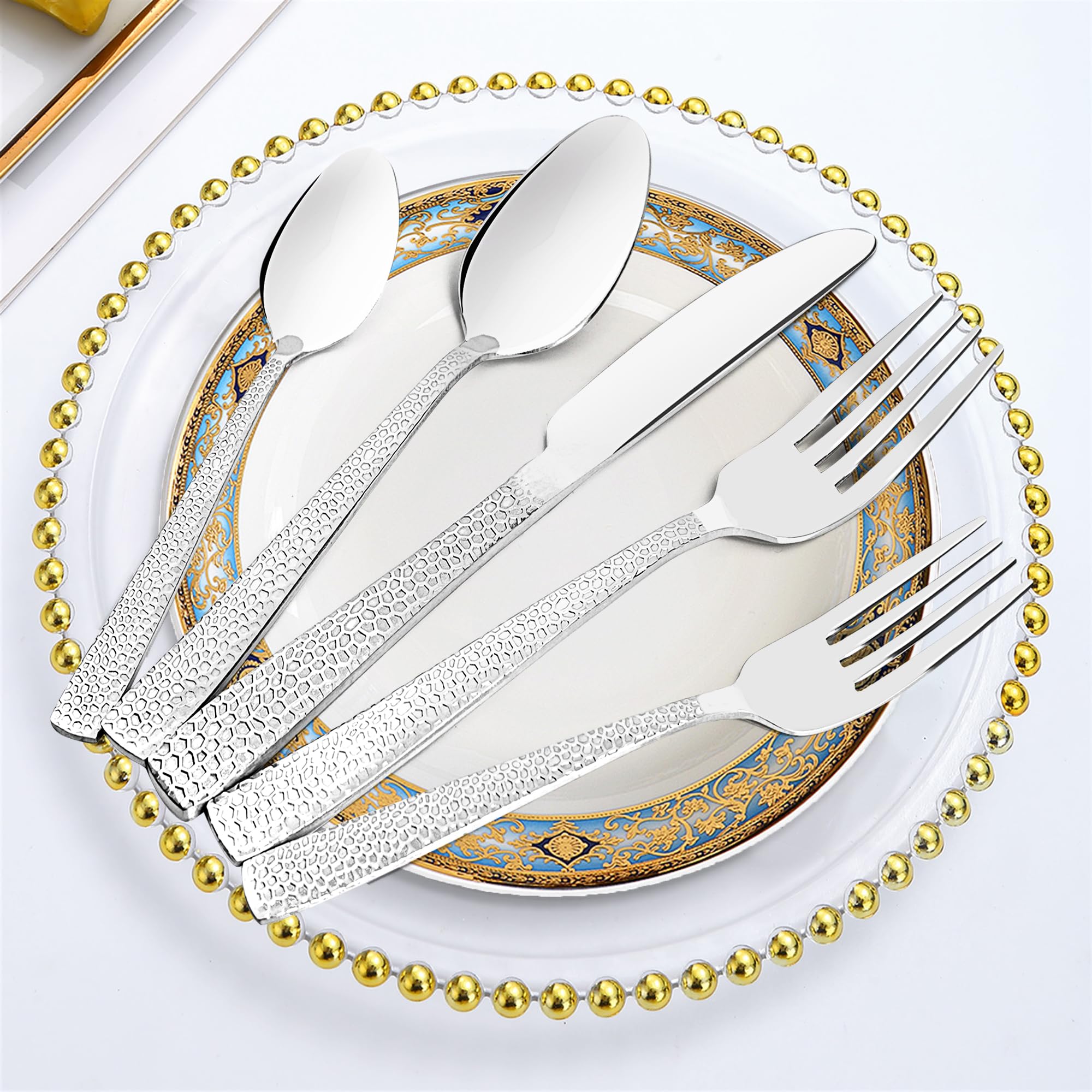 LAIWOO 40 Piece Silverware Set Service for 8, Premium Stainless Steel Hammered Flatware Cutlery Set Forks Spoons and Knives Utensil Sets for Home, Restaurant, Hotel, Mirror Polishe & Dishwasher Safe