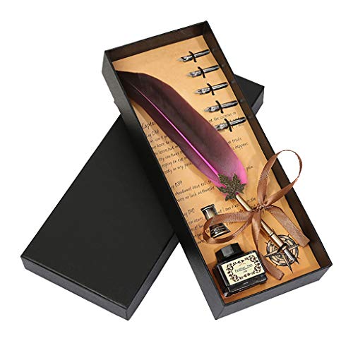 Vxkbiixxcs-o Feather Dip Pen, Pen Feather Ink Pen Calligraphy Set Includes Dip Pen 5 Steel Replacement Nibs Dip Ink Bottle Vintage Gift Box Yellow