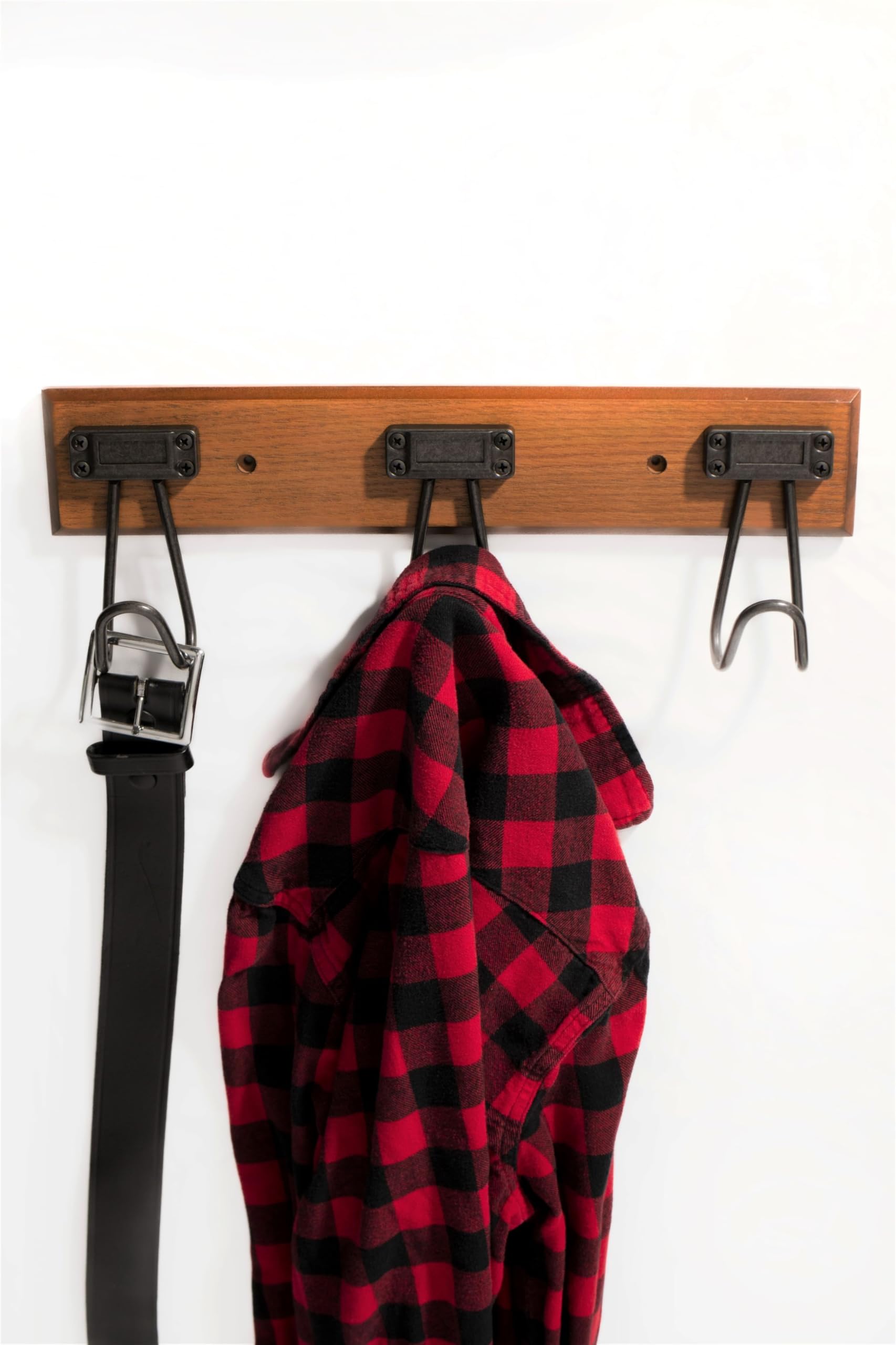 FantasHome 16" Wall Mounted Label Hook Rack with 3 Hooks, Walnut and Soft Iron Finish, for Entryway, Hallway, Bedroom, Bathroom, Walk-in Closet and More - Brown/Black