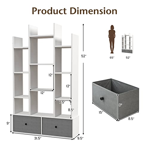Tangkula Bookshelf with 2 Drawers, Tree-Shaped Bookcase with 12 Open Storage Shelves, Freestanding Industrial Wood Display Cube Shelf, Home Office Books Organizer, 31.5 x 9.5 x 52 Inches