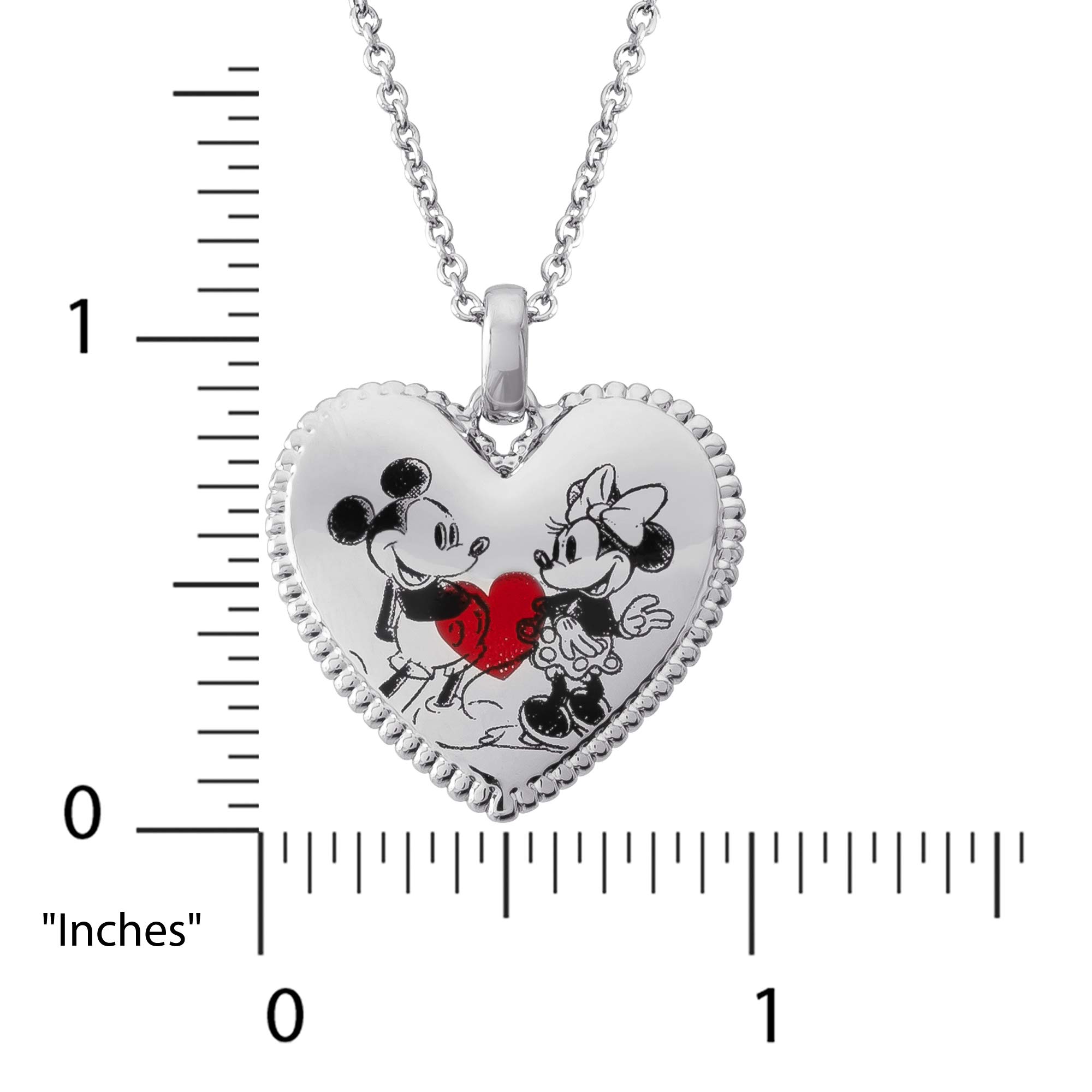 Disney Mickey Mouse and Minnie Mouse Classic Heart Pendant Necklace, Silver Plated, 18”