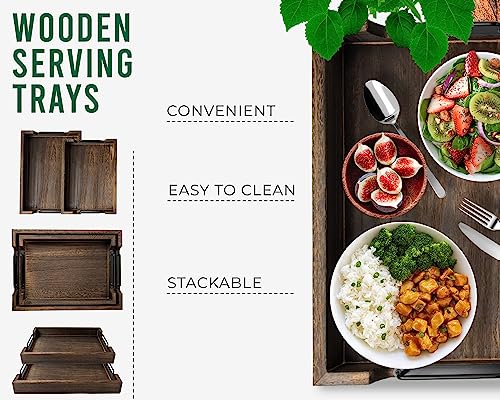 Rustic Wooden Serving Trays with Handle - Set of 2 - Large and Small, Nesting Multipurpose Trays - for Breakfast, Coffee Table/Butler & More - Rustic Brown