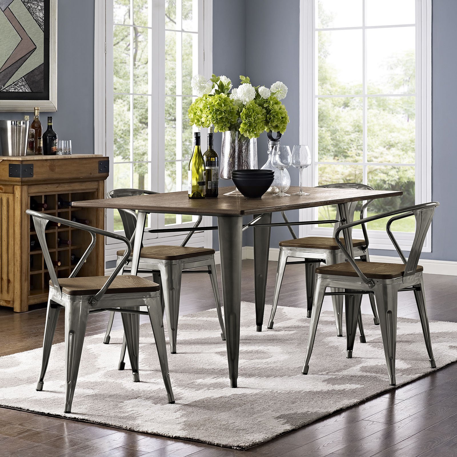Modway Alacrity 59" Rustic Modern Farmhouse Wood Rectangle Dining Table with Steel Legs in Brown