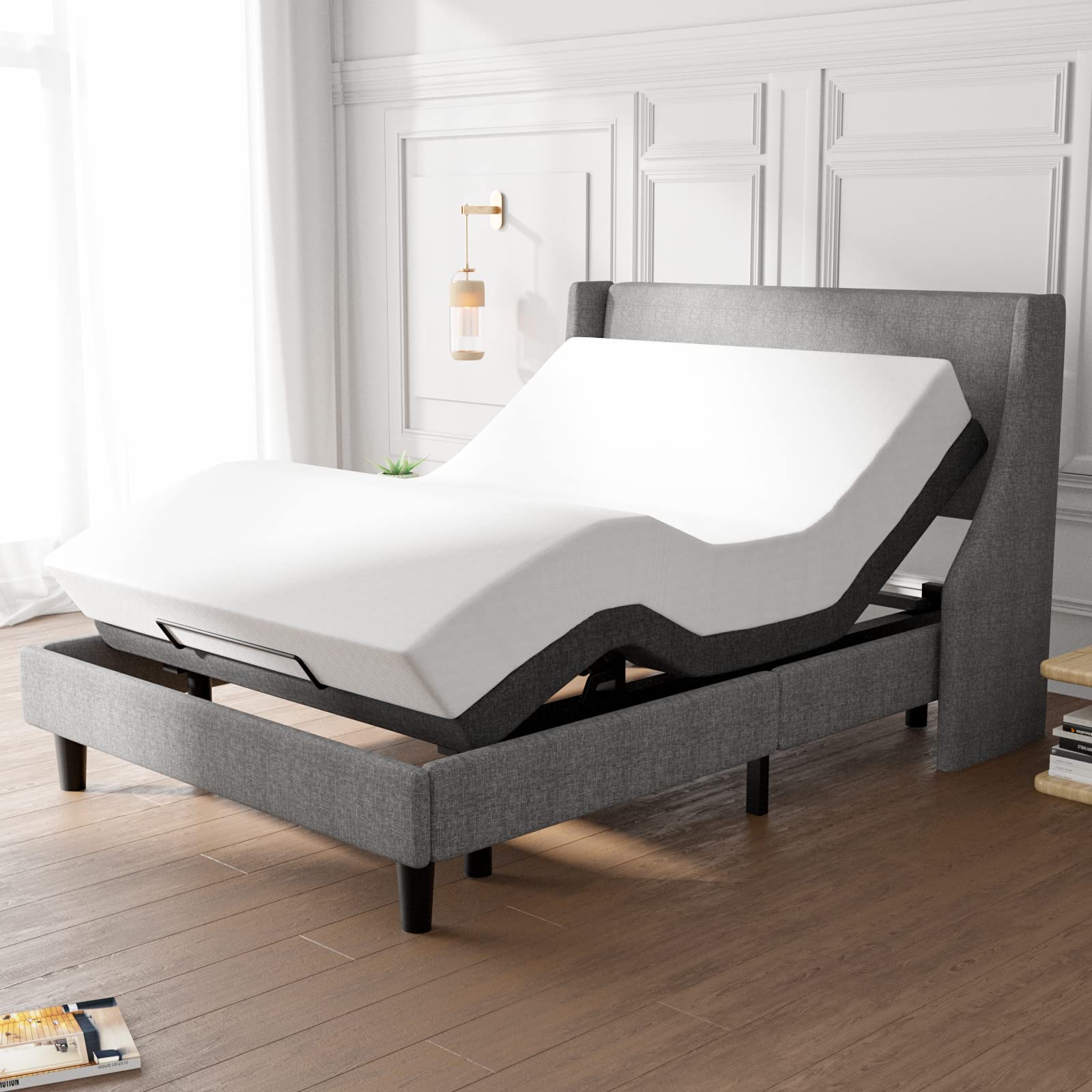 Einfach Queen Size Platform Bed Frame with Wingback Headboard/Fabric Upholstered Mattress Foundation with Wooden Slat Support Light Grey