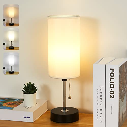 OUTIOE Bedside Table Lamps for Bedroom - Nightstand Lamp with Pull Chain and Bulb，Modern Small Desk Lamp with 3 Color Modes and White Round Fabric Shade for Kids Room, Bedroom Decor.