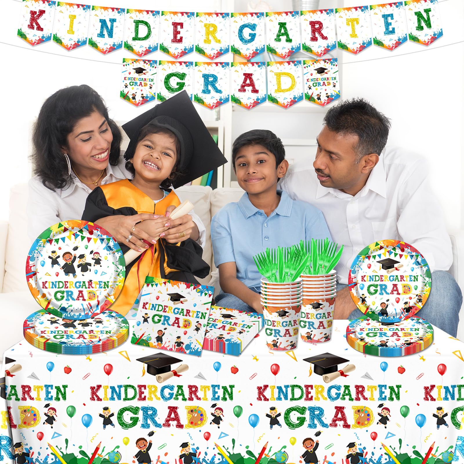 Happy Kindergarten Graduation Tableware Decoration- 142Pcs Kindergarten Tableware Set Include Plates, Napkins Banner Service for 20 Guests Congrats Grad Party Supplies (Tableware)