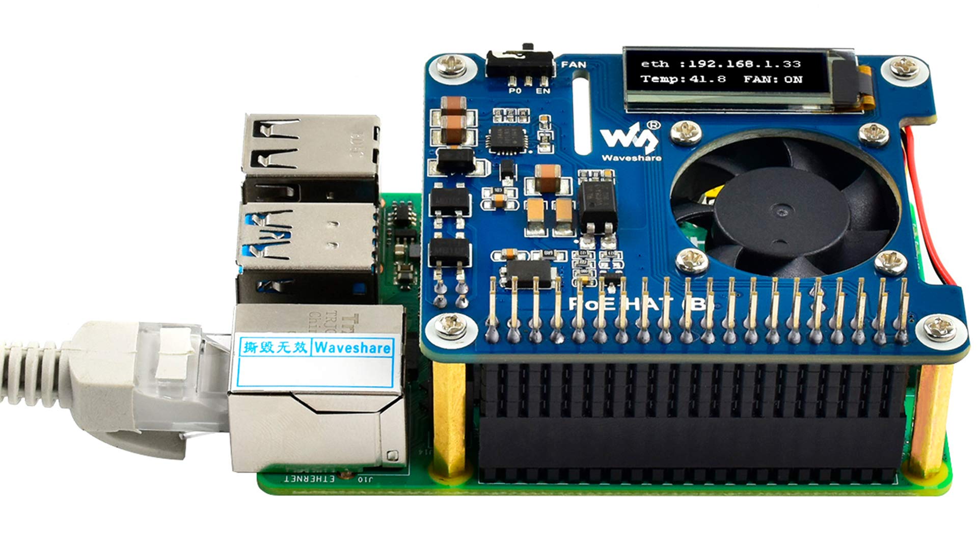Power Over Ethernet HAT (B) for Raspberry Pi 3 Model B+ / Raspberry Pi 4 Model B, PoE HAT Board with 0.91" OLED and Cooling Fan, Support 802.3af PoE Network Power-Sourcing Equipment Required
