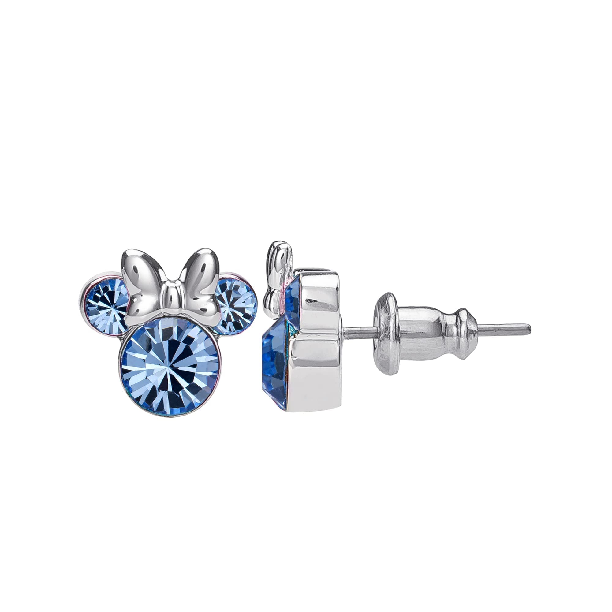 Disney Minnie Mouse December Birthstone Jewelry Set with Silver Plated Light Sapphire Crystal Stud Earrings and Hoop Earrings