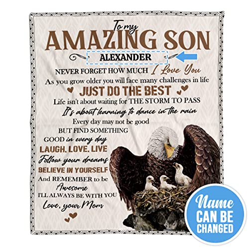 Toyshea Son Blanket from Mom to My Son Personalized Eagle Blankets Son Birthday Gifts from Mother Soft Flannel Fleece Sherpa Throws with Positive Energy Encourage Sayings Bed Couch Sofa Decoration