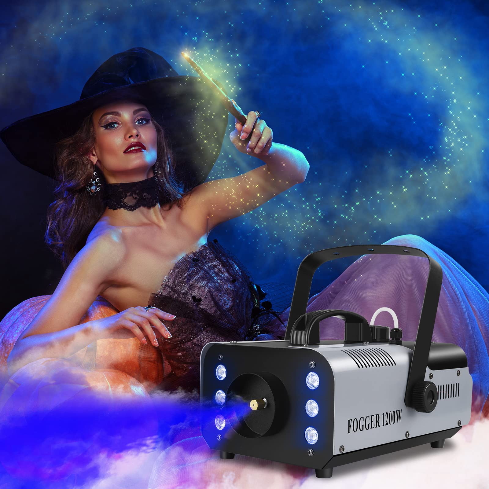 Fog Machine, 1200W Smoke Machine with 6 LEDs RGB Lighting Remote Controlled Stage Effect Equipment for Theater Party Thanksgiving Halloween Christmas Parties DJ Nightclub Wedding